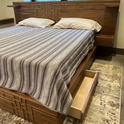 Handcrafted Wood Stepped Platform Bed Frame Modern White Oak Headboard ...