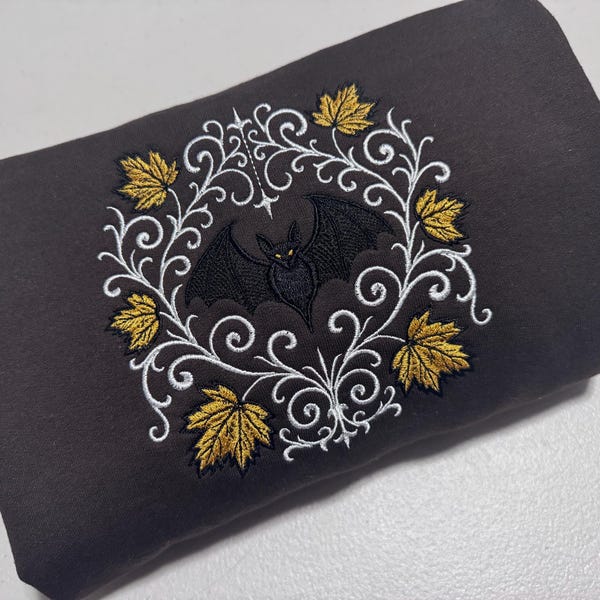 Spooky Gothic Bat Embroidery Design, Halloween Bat With Fall Leaves ...