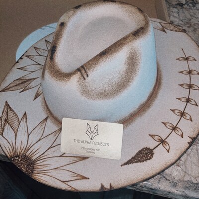 Becky: Triple Sunflowers. Made to Order Handcrafted Burned Wide Brim Hat. Burned Hat, Cowboy Hat ...