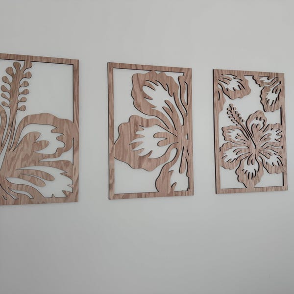 Hibiscus Flower Wood Wall Art Set: Tropical Floral Decor, Hibiscus Wall ...