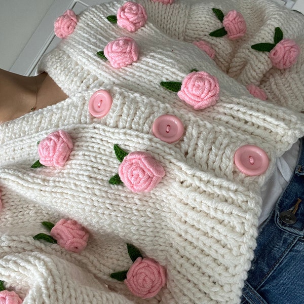 Leilayca Pink Roses Cardigan , Chunky Cropped Cardigan for Woman ...