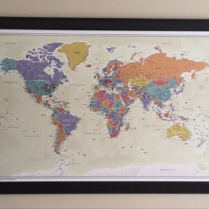 Personalized Tan Oceans World Travel Map With Frame Pushpin Map of the ...