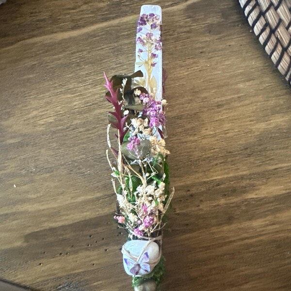 Pink Dried Flower Mini Selenite Wand With Pink Moth and Quartz Crystal ...