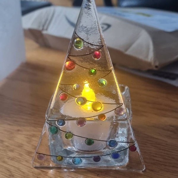 Fused Glass Christmas Tree Tea Light Holder: Multicolor Ornament - Etsy