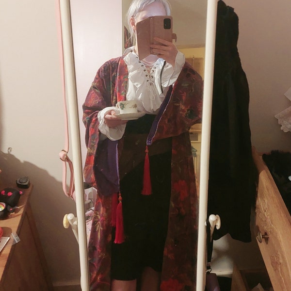 OFMD Violet Bird Velvet Banyan Fabric Kimono Cotton Velvet Robe Long ...