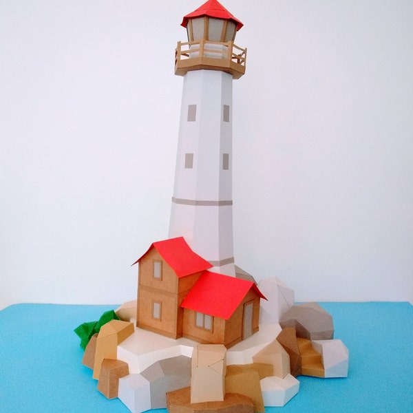 Lighthouse on Rocks 3D Papercraft PDF Pattern Template/ DIY Low Poly ...