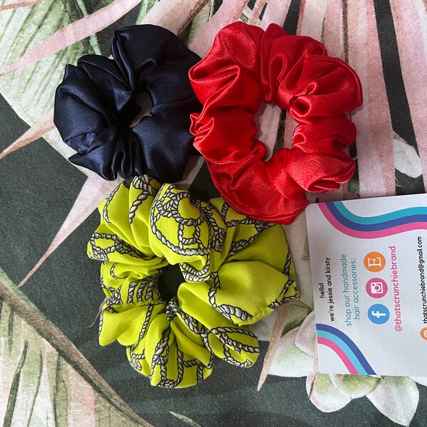 Large Navy Gingham Scrunchie With Scalloped Lace/ribbon Trim | Navy ...