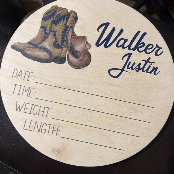 Cowboy Birth Stat Sign, Round Wood Birth Stat Sign, Western Birth Stat ...