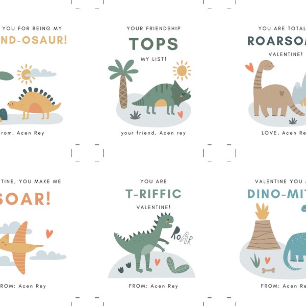 Kids Dinosaur Valentines Day Cards, Printable Valentines Day Tags, Kid ...