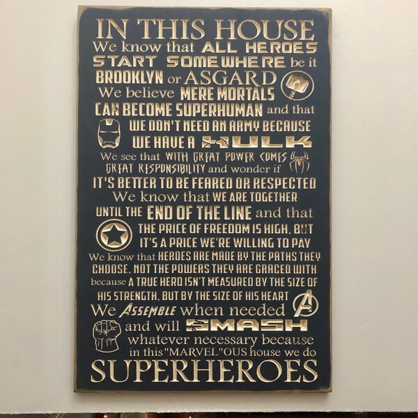 Custom Carved Wooden Sign - "marvel SUPERHEROES - in This House We Do ...