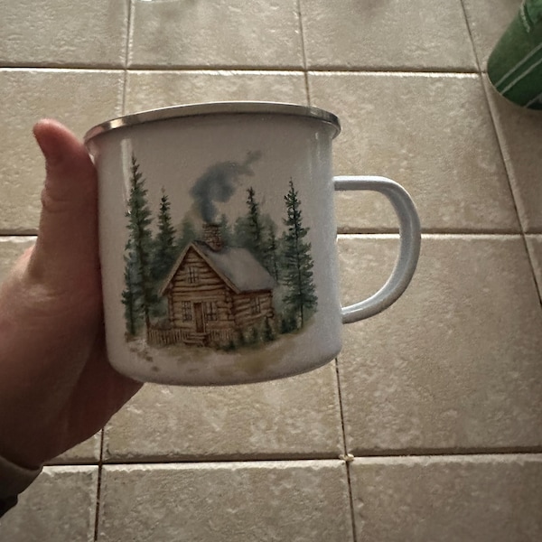 Log Cabin Watercolor Enamel Mug: Pines Design, Outdoor Drinkware - Etsy