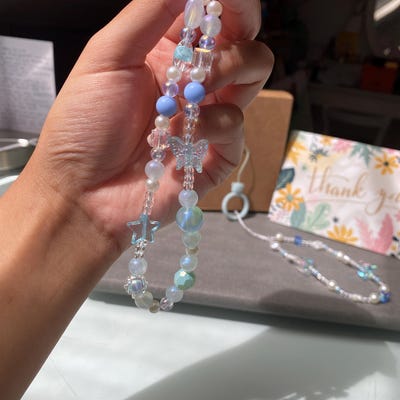 Cute Bluebell Bead Phone Charm Pink Crystal Star Phone Keychain Camera ...