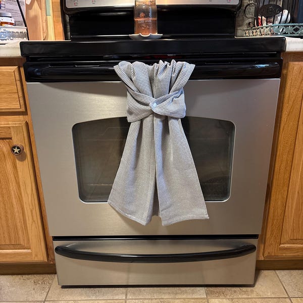 Neutral Ticking Stripe Kitchen Towels With Ruffle, Stay Put Towel, Dish ...