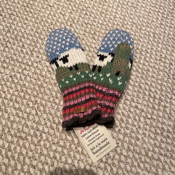 100% Wool Lamb Wool Mittens, Polar Fleece Lining, Hand Knit, Sheep ...