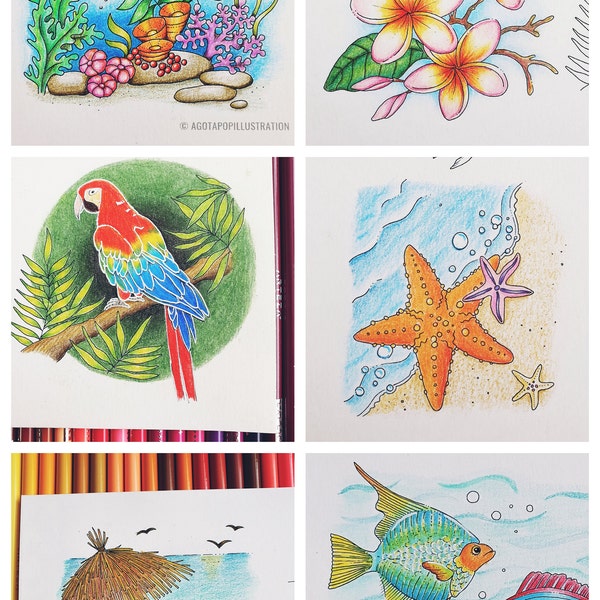 Tropical Summer Tiny Illustrations to Colour for Adults. Underwater ...