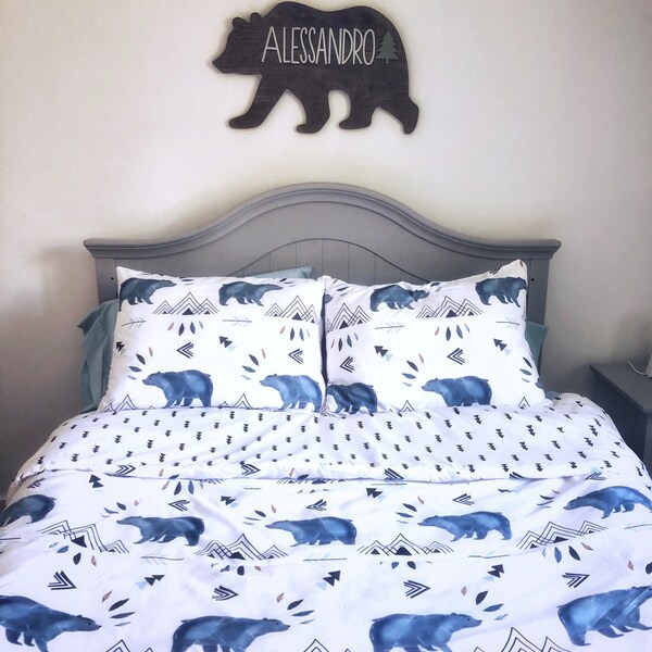 26" Large Wood Bear Name Sign | Nursery Decor | Mountain Woodland ...