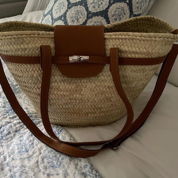 Handmade Large Straw French Baskets With Leather Straps, Straw Basket ...