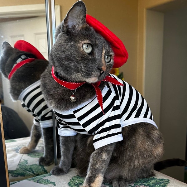 Complete French Cat Outfit- Cat Beret, Ascot and Striped Shirt Pet ...