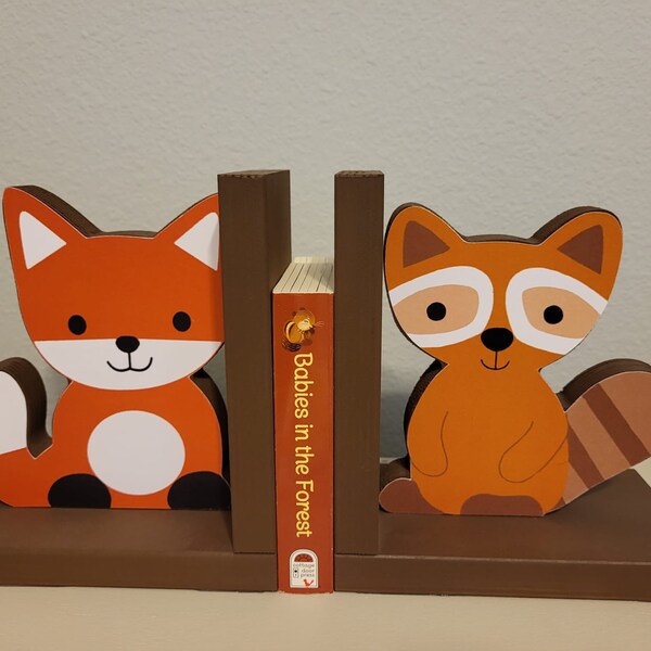 Fox and Raccoon Wood Bookends - Custom Created to Coordinate With Your ...