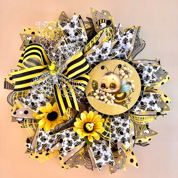 Round Bee Wreath Sign, Metal Wreath Sign, Signs for Wreaths, Door Decor ...