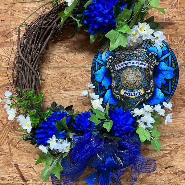 Protect & Serve Police Shield Faux Stained Glass Wreath Sign-decor ...