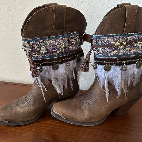 Feather Fringe Vintage Embroidered Boot Covers, Boho Boot Cuff, Ethnic ...