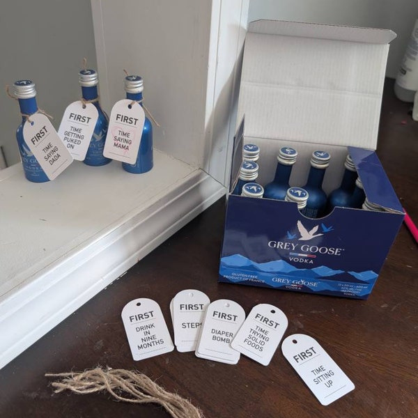 12pc Baby's First Milestones Mini Liquor Bottle Gift Tags - New Parent ...