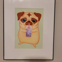 Pug Drinking Bubble Tea Art 5x7 Cute Pug Dog, Kawaii Boba Tea Art ...