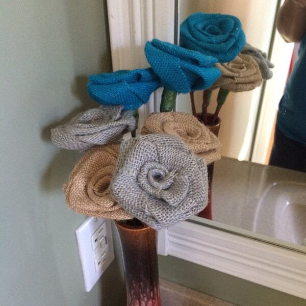 Burlap Rosettes With Twig Stems - Flower Rose Wedding - Wedding Bouquet ...