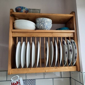Plate Rack Wooden With Shelve and Hooks for Hanging Cups Will Fit 11 ...