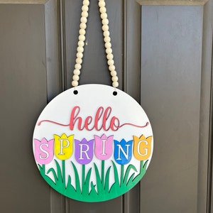 Hello Spring Tulips Sign, Round Door Hanger Svg, Spring Welcome Sign ...