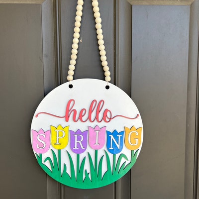 Hello Spring Tulips Sign, Round Door Hanger Svg, Spring Welcome Sign ...