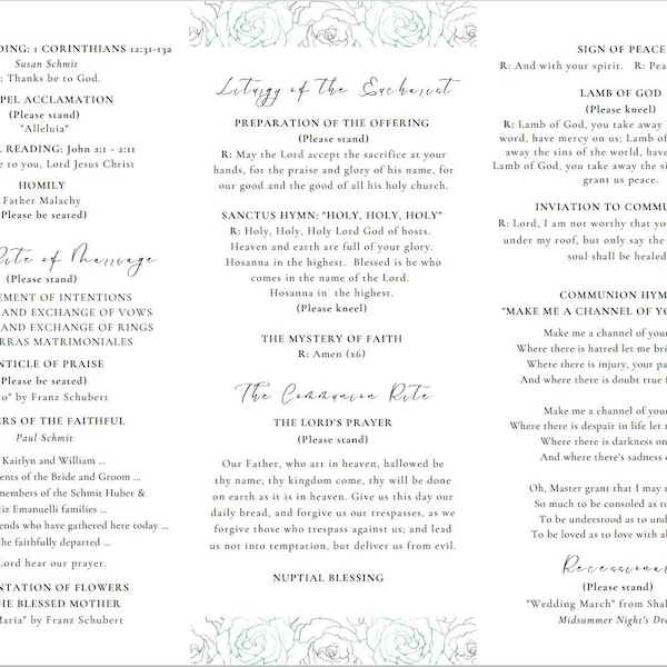 Catholic Wedding Mass Program Booklet (full Mass), Trifold Catholic ...
