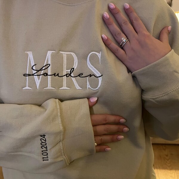 Custom Mrs. Embroidered Sweatshirt, Date on Sleeve, Hubby Wifey, Gift ...