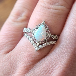 Alexandrite Opal Engagement Ring Set 2pcs Rose Gold Bridal Set Pear ...