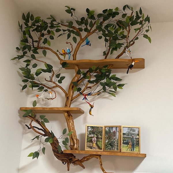 Wood Corner Floating Bookshelf Tree Branch Driftwood Wall Mount ...