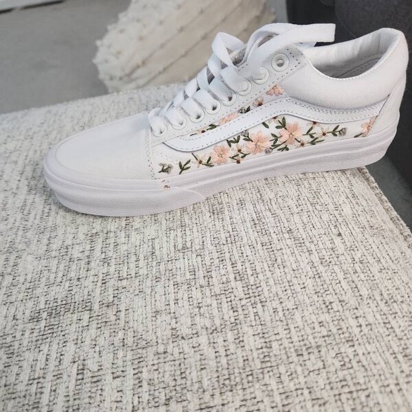 Wedding Vans, White Primrose Embroidered Vans Custom, Blue Flower ...
