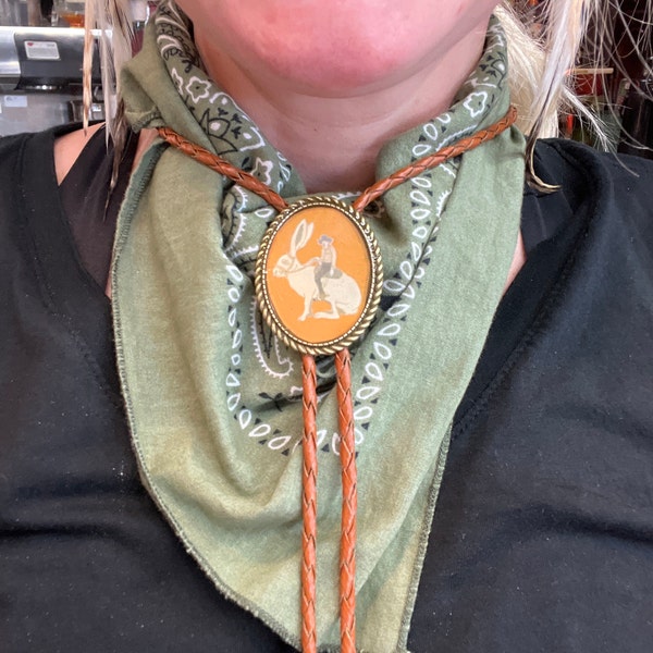 Cowboy Riding Jackrabbit Bolo Tie Handmade Leather Western Necktie - Etsy