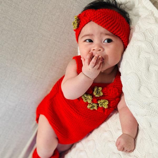 Knitted Baby Romper Set, Knit Baby Cardigan, Hand Knitted Headband ...