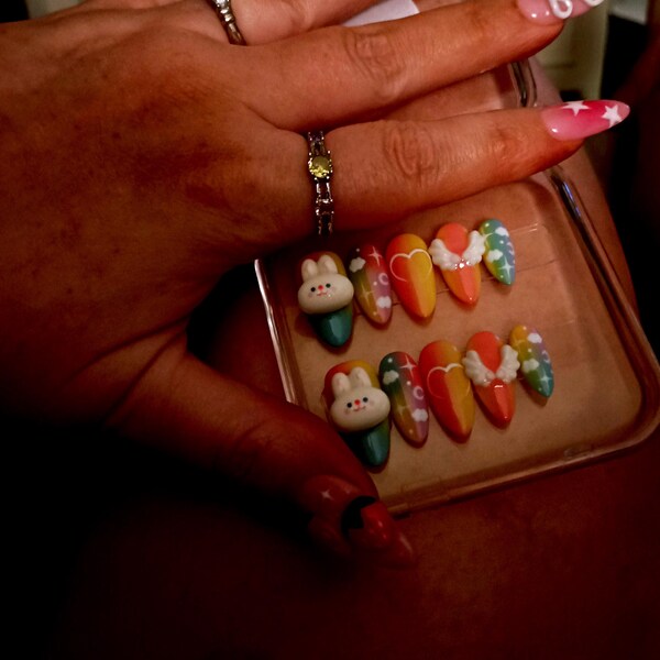 115 "rainbow Bunny" Kawaii Cute 3D Rabbits Charm Ombre Press on Nails ...