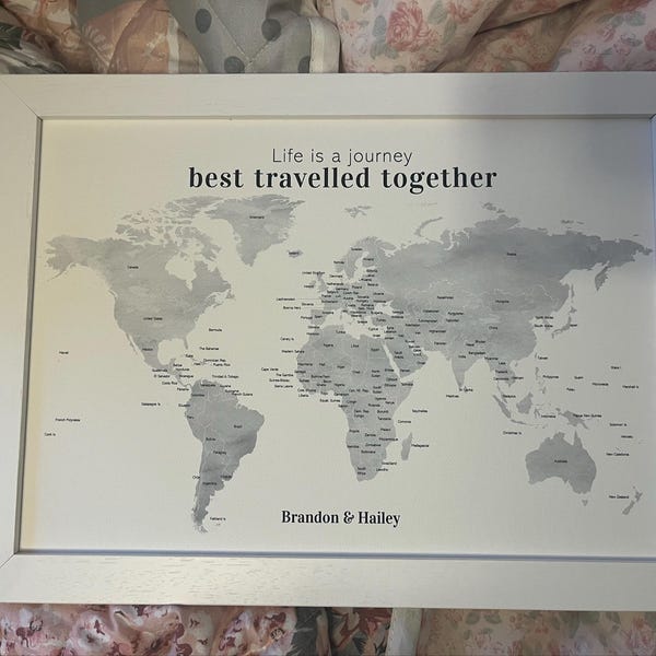 Custom Grayscale Monochrome Push Pin World Map, Small Personalised ...