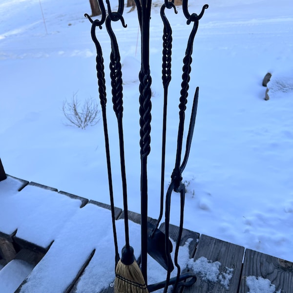 Hand Forged 5 Piece Fireplace Tool Set - Etsy