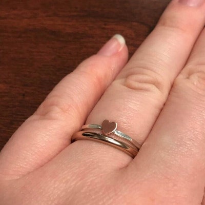 Tiny Heart Ring, Cupid Ring, Pink Heart, Copper Heart Stack Ring, Stack Ring, Sterling Silver ...