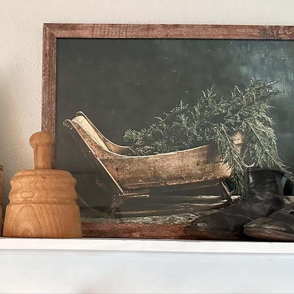 Christmas Sled Painting, Rustic Farmhouse Wall Art, Moody Holiday Print ...