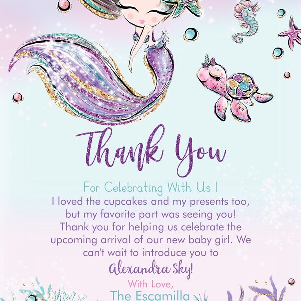 Mermaid Thank You Note Card Instant Download, Whimsical Mermaid ...