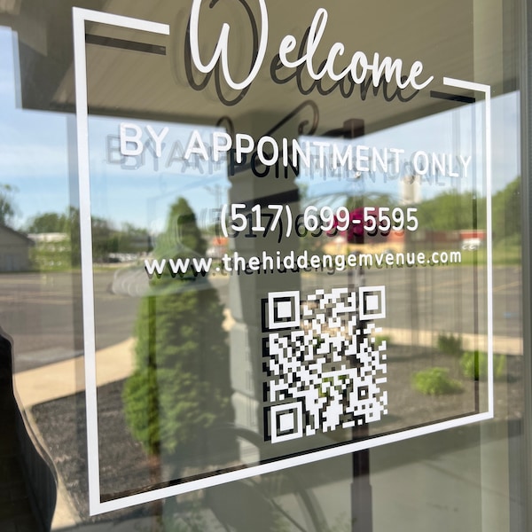 Custom Storefront Window Welcome Sign With QR CODE | Business Hours ...