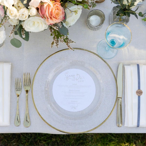 Round Wedding Menus Wedding Plate Menus FREE Matching Wine Glass Tags 6 ...