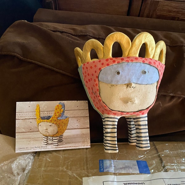 Colorful Ceramic Figure, Yellow Ornament, Quirky Ceramic Sculpture ...