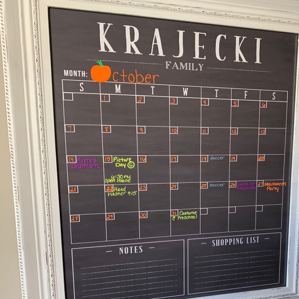 Chalkboard Calendar Dry Erase, Personalized Family Calendar, Modern ...