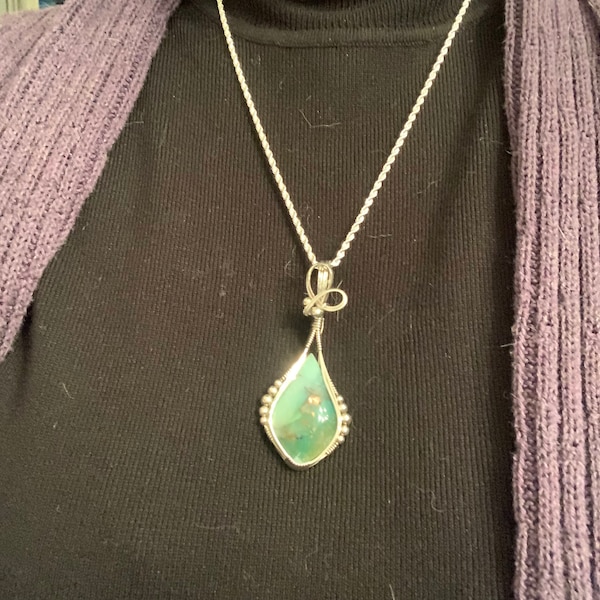 Variscite Stone Pendant Necklace Wire Wrapped in Argentium Sterling ...